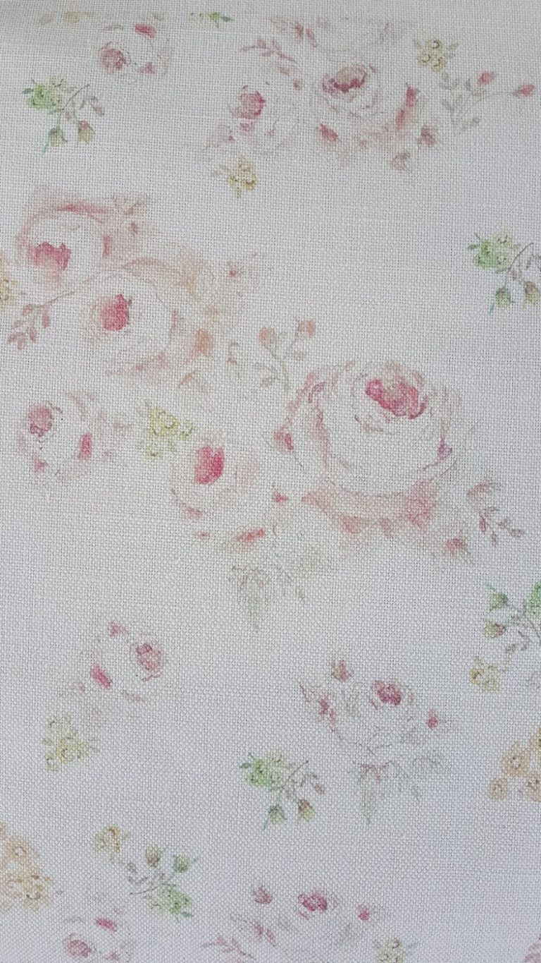 Roses by the Brook in Old Pink on Ivory Linen Fabric – Rose and Foxgloves